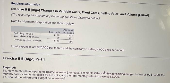 Solved Required information Exercise 6-5 (Algo) Changes in | Chegg.com