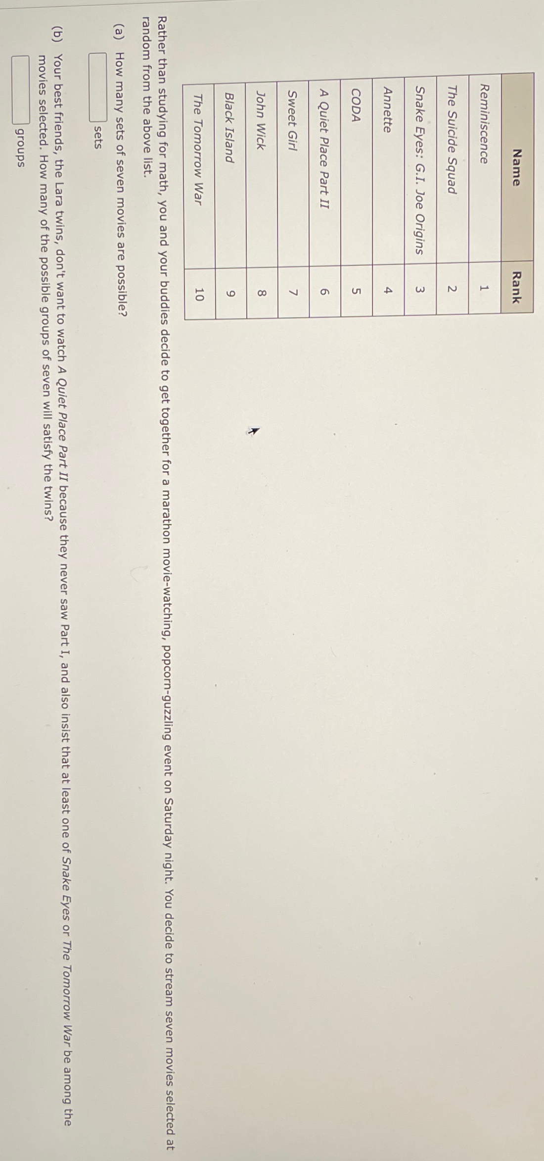 Solved \table[[Name,Rank],[Reminiscence,1],[The Suicide | Chegg.com