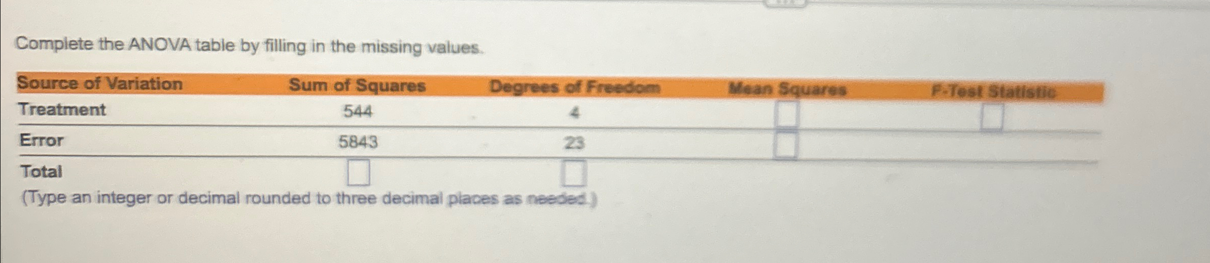 Solved Complete the ANOVA table by filling in the missing | Chegg.com