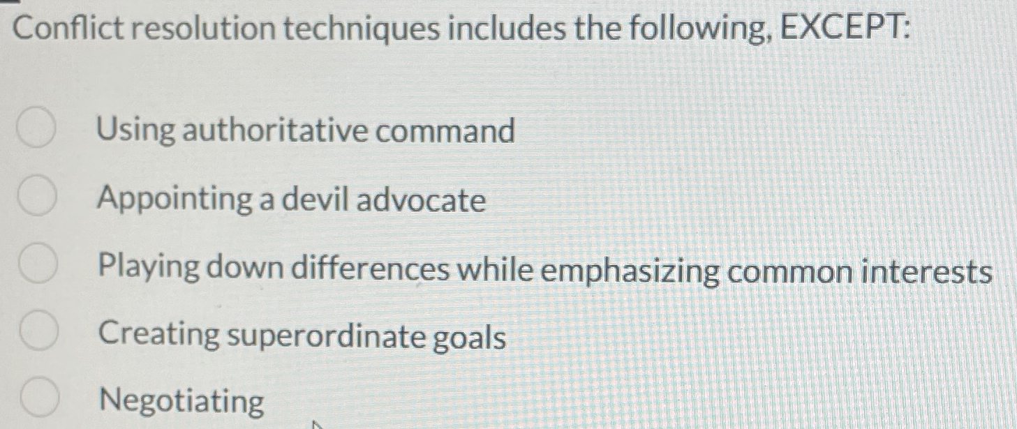 Solved Conflict resolution techniques includes the | Chegg.com