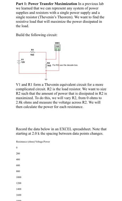 Solved Part 1: Power Transfer Maximization in a previous lab | Chegg.com