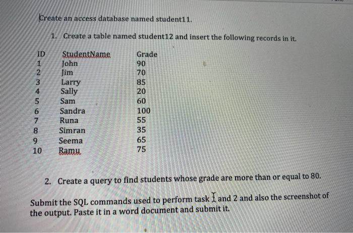 Solved Create an access database named student11. 1. Create | Chegg.com