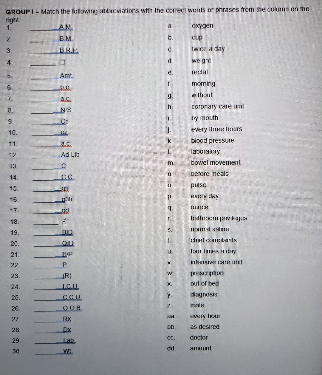 Solved GROUP I - ﻿Match the following abbreviations with the | Chegg.com
