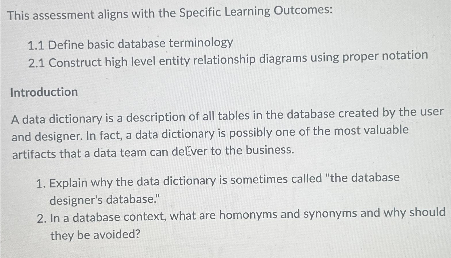 Solved This assessment aligns with the Specific Learning | Chegg.com