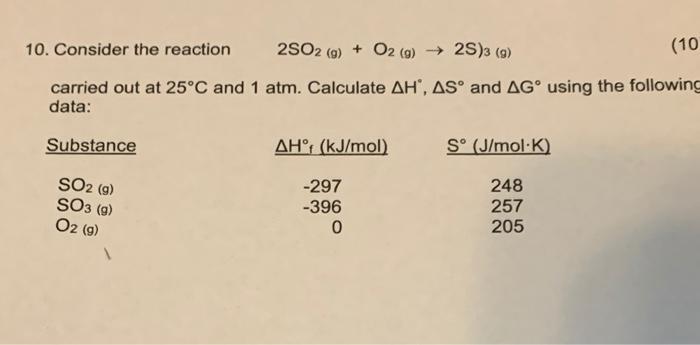 Solved 10. Consider the reaction 2SO2 (g) + O2(g) → 2S) (a) | Chegg.com