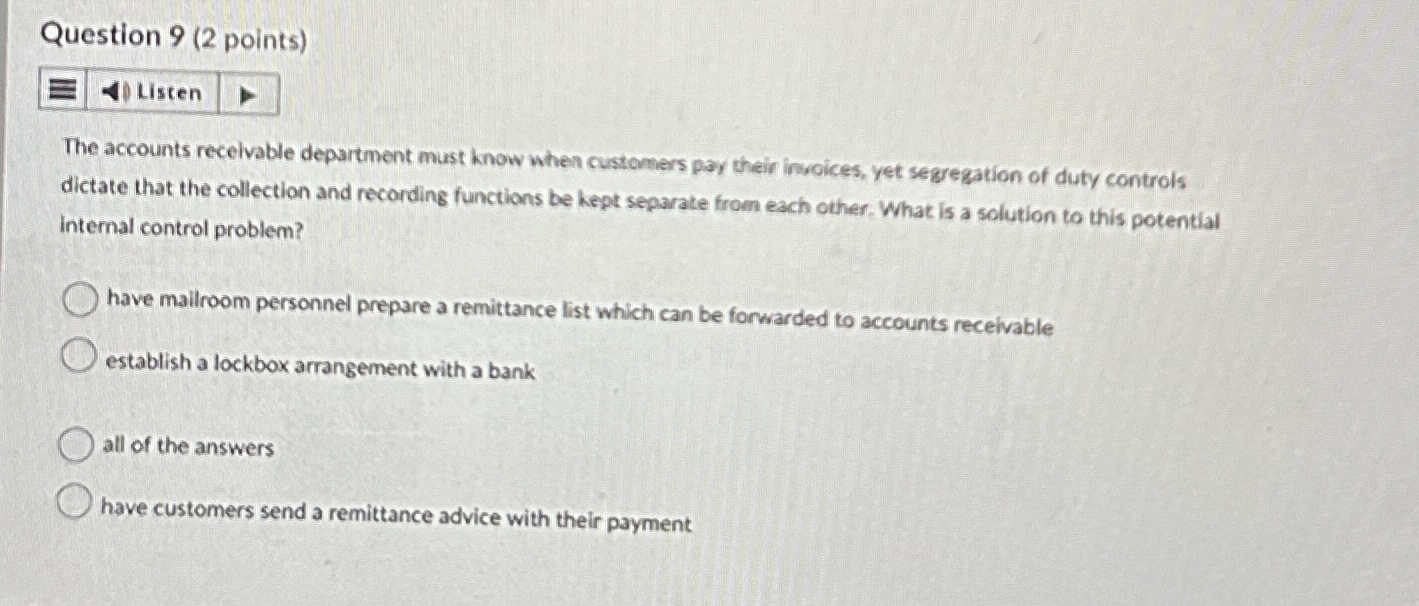 Solved Question 9 (2 ﻿points)ListenThe accounts recelvable | Chegg.com