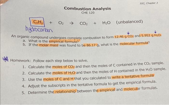 Solved Combustion Analysis CHE 120 CxHy hydrocarbon | Chegg.com