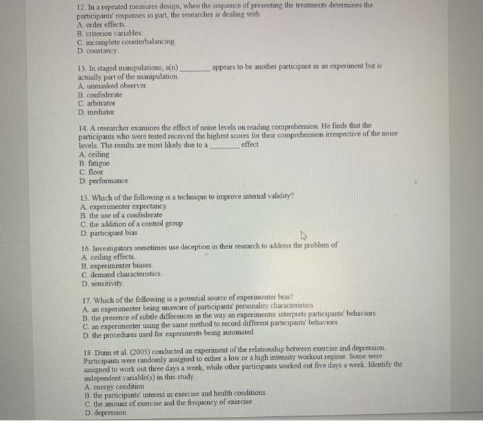 Solved 12. In a repeated measures design, when the sequence | Chegg.com