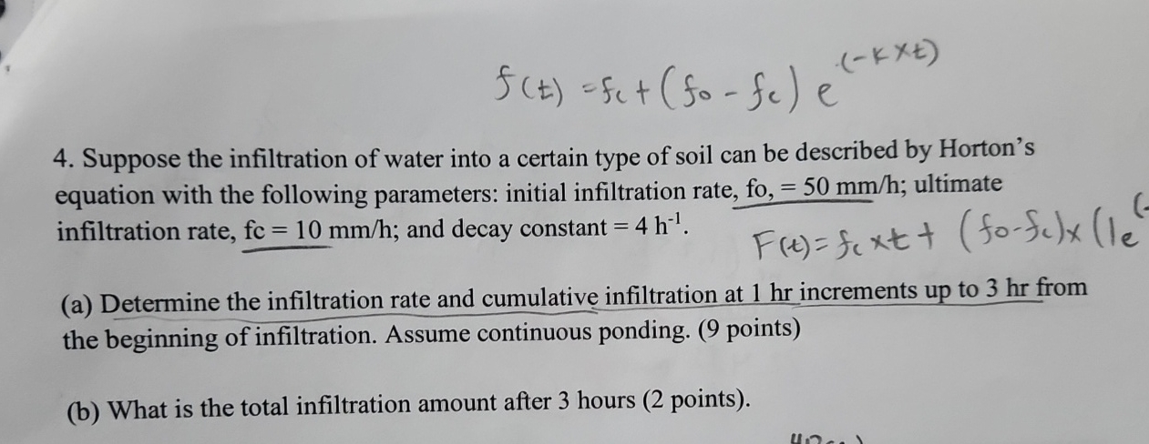 Solved f(t)=fc+(f0-fc)e(-kxt)Suppose the infiltration of | Chegg.com