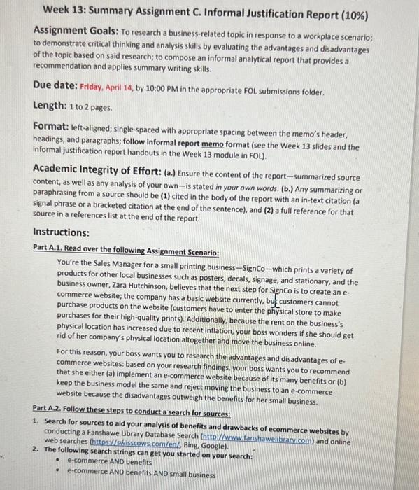 Week 13: Summary Assignment C. Informal Justification | Chegg.com