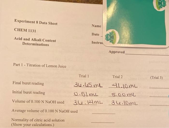 Solved Experiment 8 Data Sheet Name CHEM 1131 Date Acid and | Chegg.com