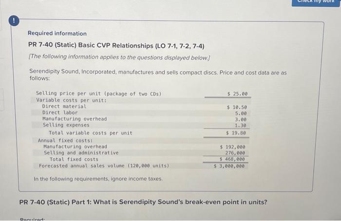 Solved Required information PR 7.40 (Static) Basic CVP | Chegg.com