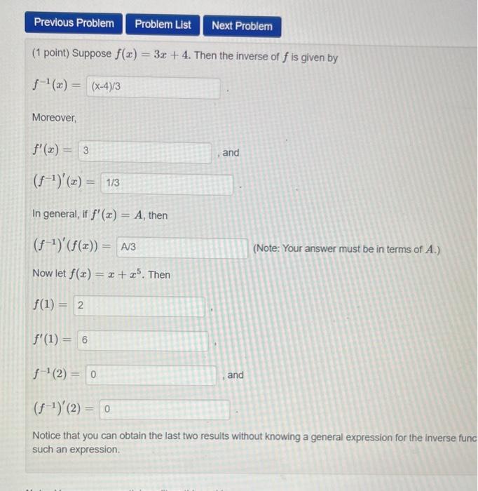 Solved (1 point) Suppose f(x)=3x+4. Then the inverse of f is | Chegg.com