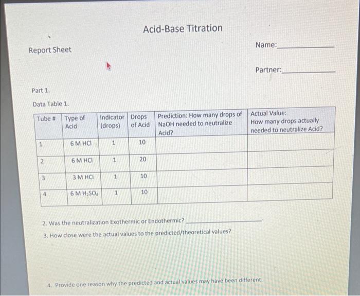 Acid-Base Titration Name: Report Sheet Partner: Part | Chegg.com