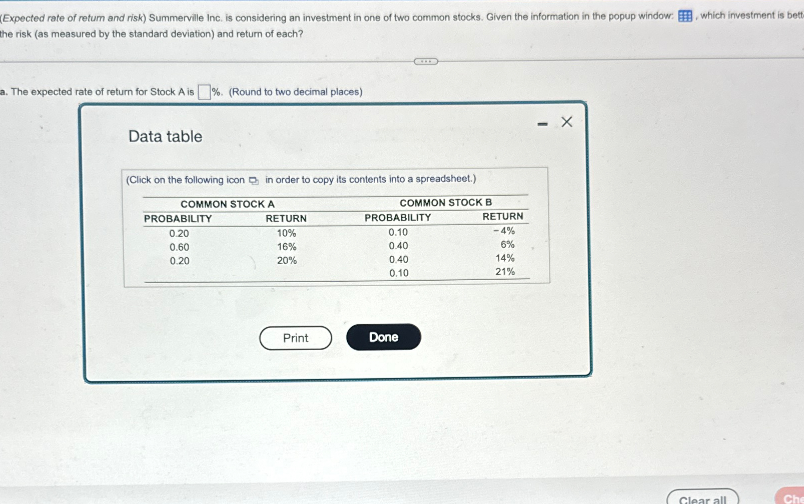Solved (Expected rate of return and risk) ﻿Summerville Inc. | Chegg.com
