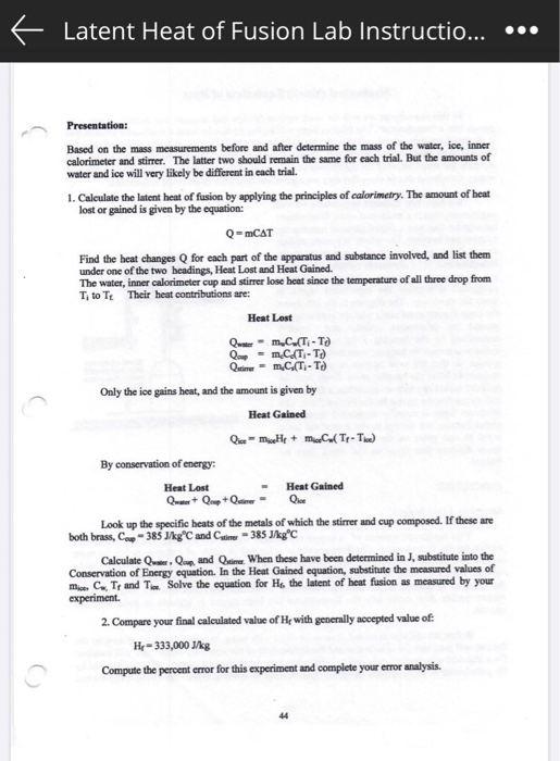 Solved Latent Heat of Fusion Lab Instructio... ••• Latent | Chegg.com