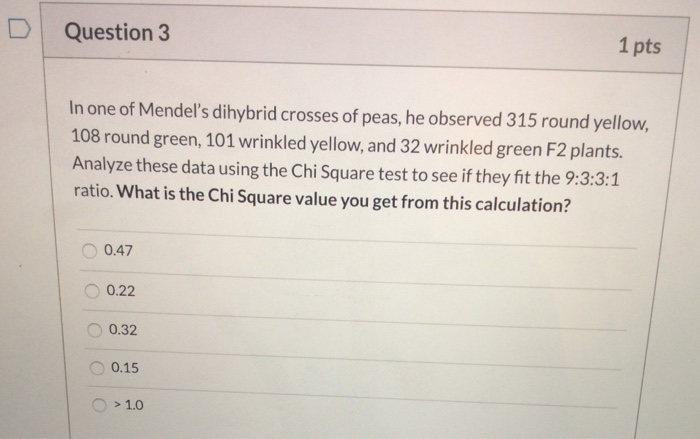 Solved Question 3 1 pts In one of Mendel's dihybrid crosses | Chegg.com