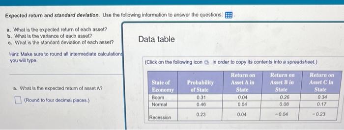 Solved Expected return and standard deviation. Use the | Chegg.com