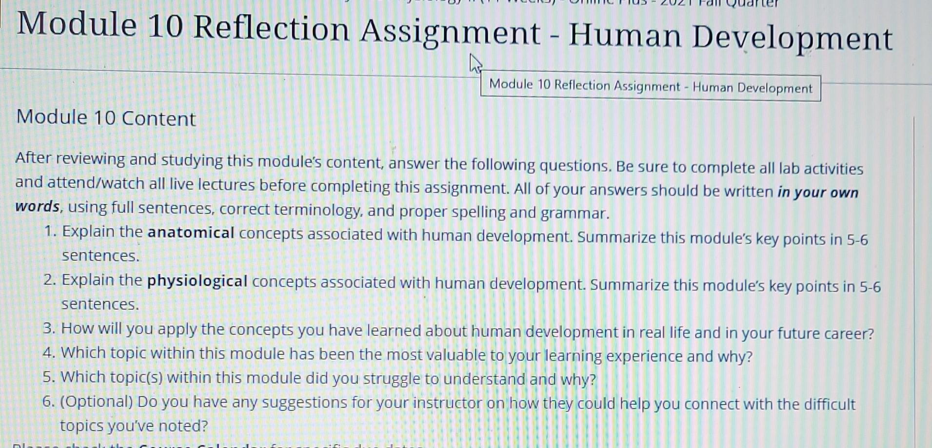 Solved Module 10 Reflection Assignment - Human Development - | Chegg.com