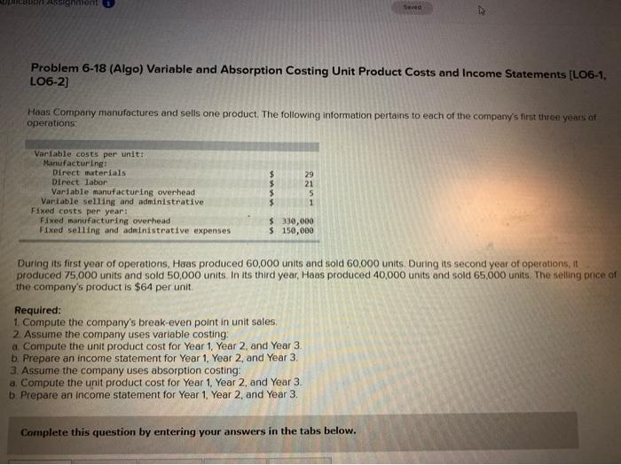 Solved Annon Problem 6-18 (Algo) Variable and Absorption | Chegg.com