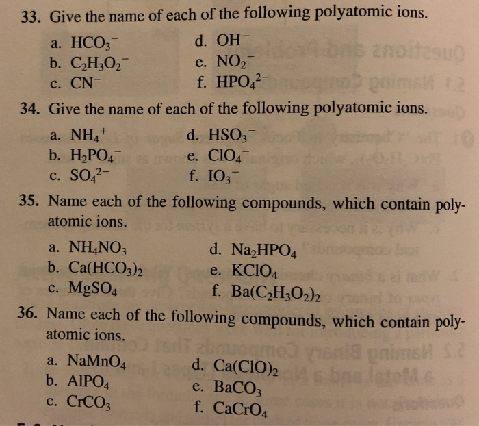 Solved 33. Give the name of each of the following polyatomic | Chegg.com