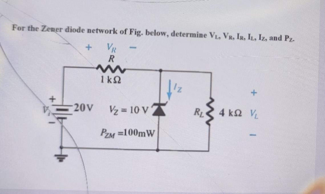 Solved For the Zener diode network of Fig. below, determine | Chegg.com