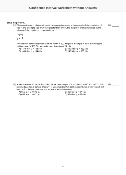 Solved Confidence Interval Worksheet without Answers MAT 157 | Chegg.com