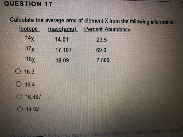 Solved QUESTION 17 Calculate the average amu of element X | Chegg.com