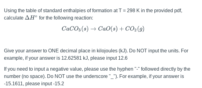 Solved Using the table of standard enthalpies of formation | Chegg.com