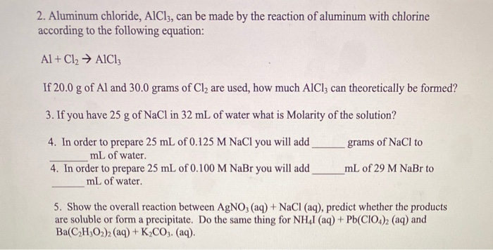 Solved 2. Aluminum chloride, AlCl3, can be made by the | Chegg.com