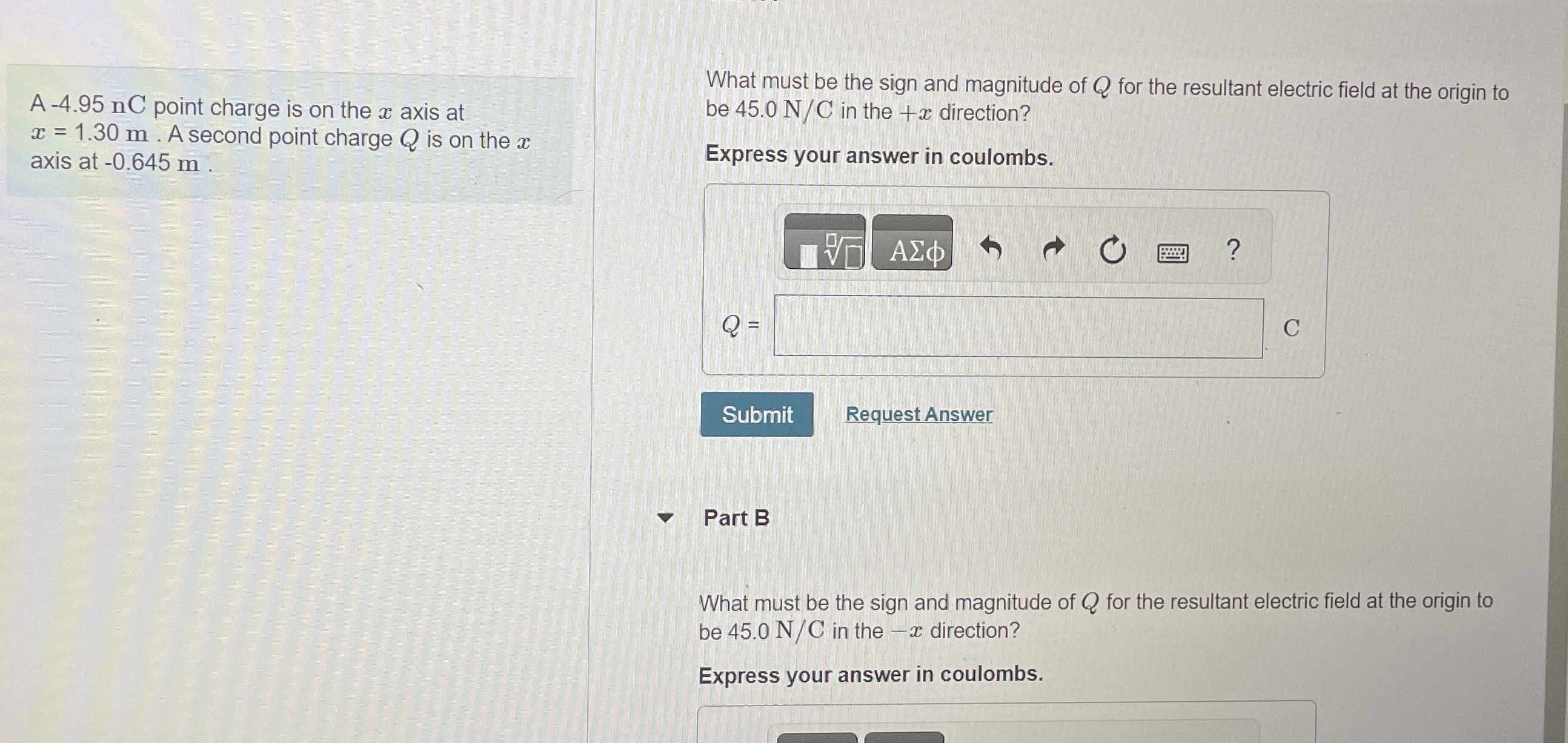 Solved A -4.95 ﻿nC point charge is on the x ﻿axis at | Chegg.com