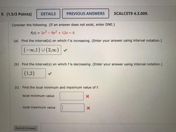 Solved 8. [1.5/3 Points] DETAILS PREVIOUS ANSWERS SCALCET9 | Chegg.com