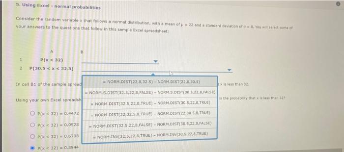 Solved 5. Using Excel- normal probabilities Consider the | Chegg.com