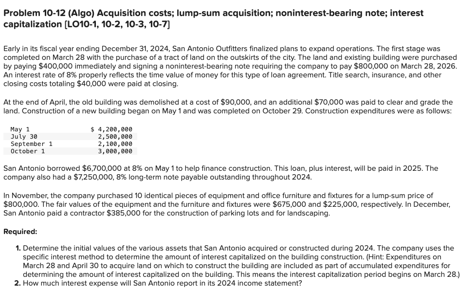 Solved Problem 10-12 (Algo) ﻿Acquisition costs; lump-sum | Chegg.com