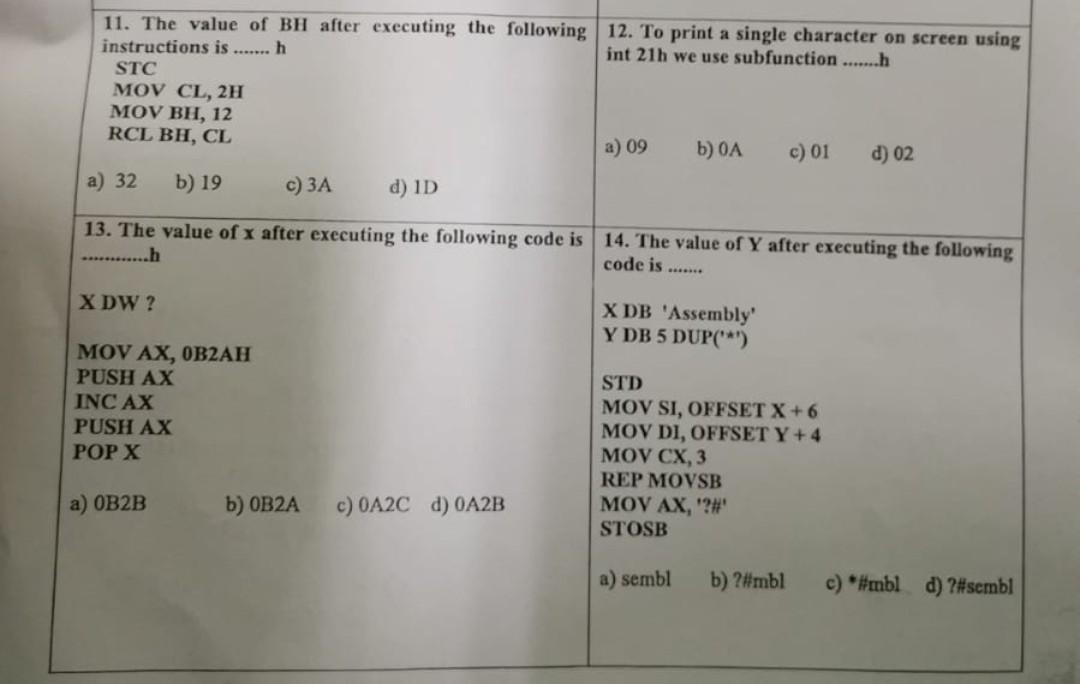 Solved 11. The value of BH after executing the following 12. | Chegg.com