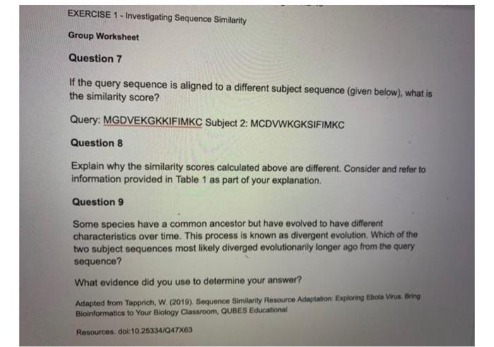 EXERCISE 1 - Investigating Sequence Similarity Group | Chegg.com