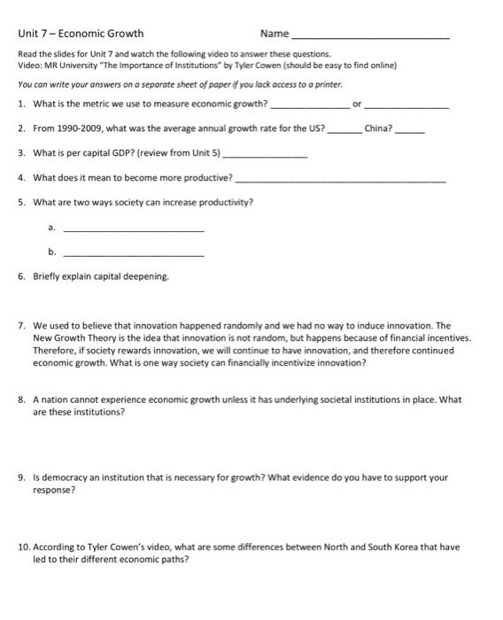 Solved Unit 7 - Economic Growth Name Read the slides for | Chegg.com