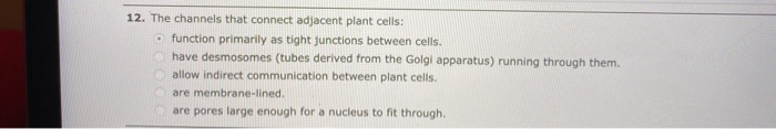 Solved 12. The channels that connect adjacent plant cells: • | Chegg.com
