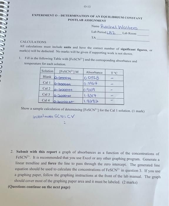 OBSERVATIONS SHEET - EXPERIMENT O Determination of an | Chegg.com