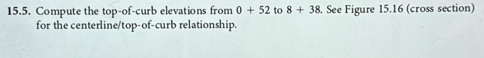 Solved 15.5. ﻿Compute the top-of-curb elevations from 0+52 | Chegg.com
