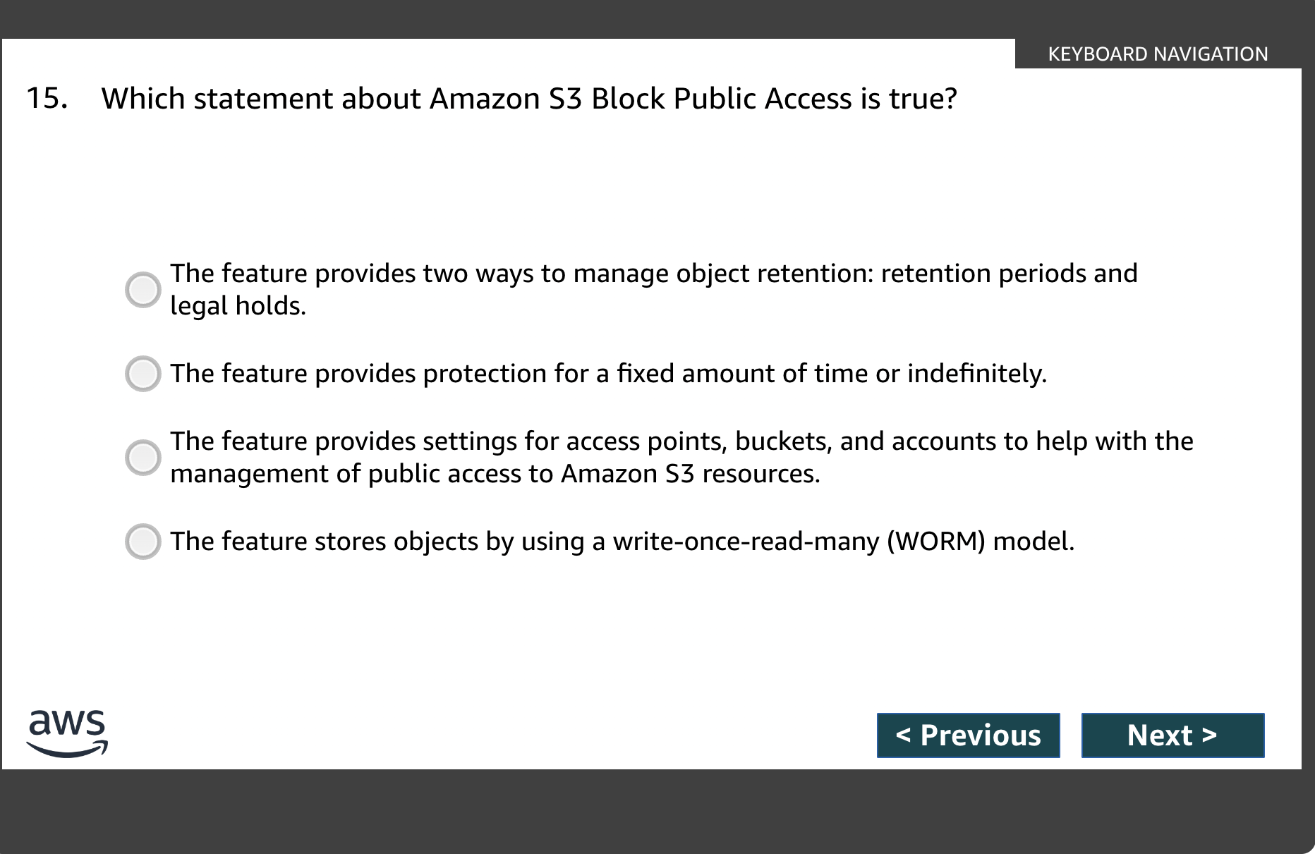 Solved Which statement about Amazon S3 ﻿Block Public Access | Chegg.com
