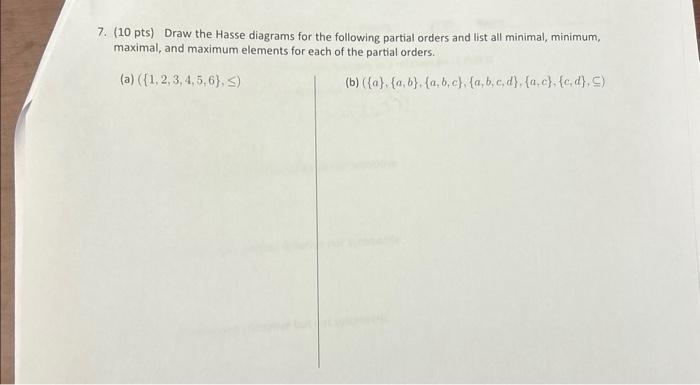 Solved 7. (10 pts) Draw the Hasse diagrams for the following | Chegg.com