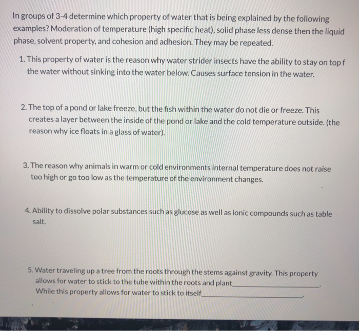 Solved In groups of 3-4 determine which property of water | Chegg.com