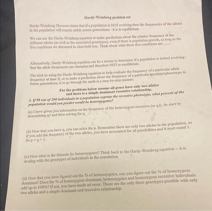 Solved Hardy-Weinberg problem set Hardy-Weinberg Theorem | Chegg.com