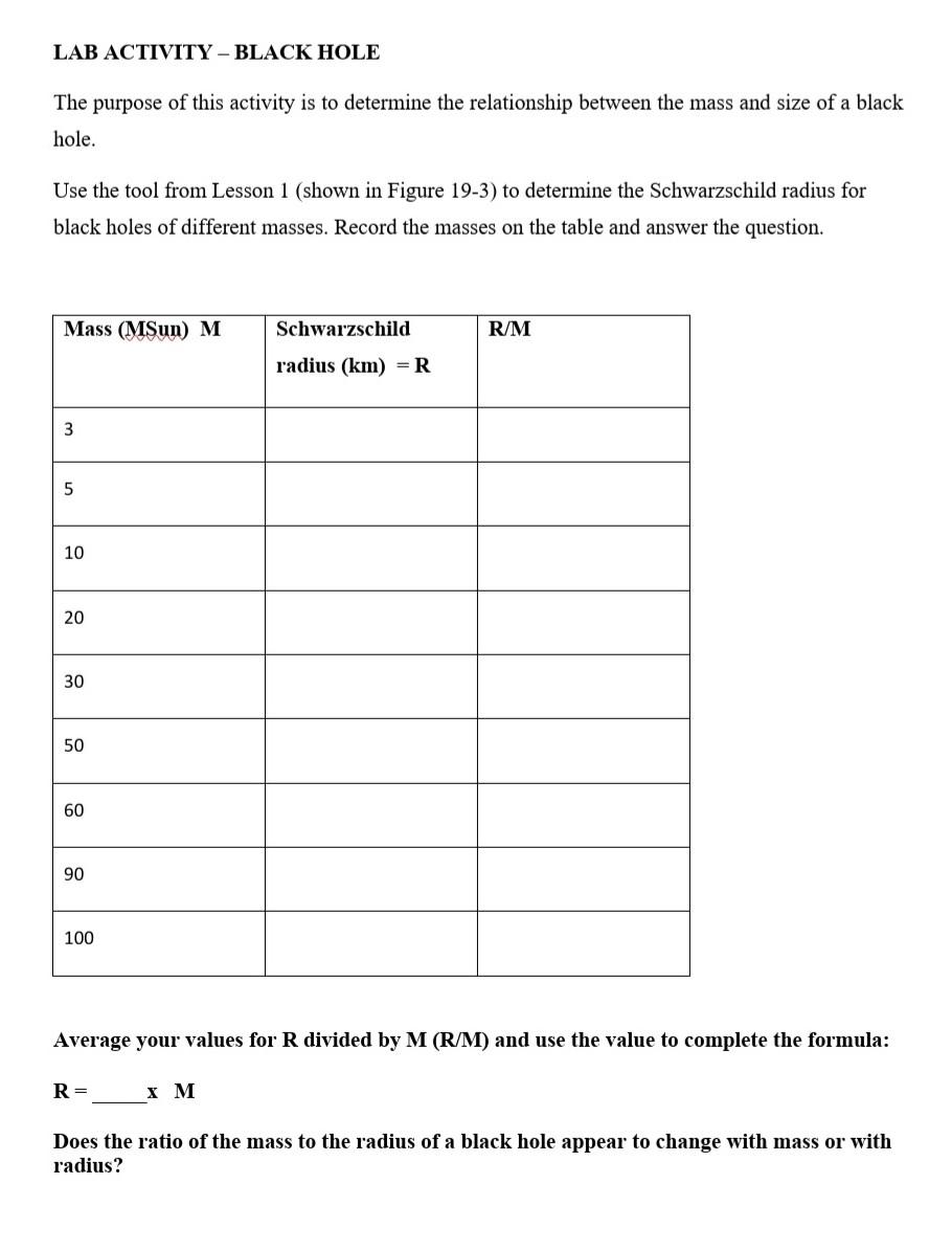 Solved LAB ACTIVITY - BLACK HOLE The purpose of this | Chegg.com