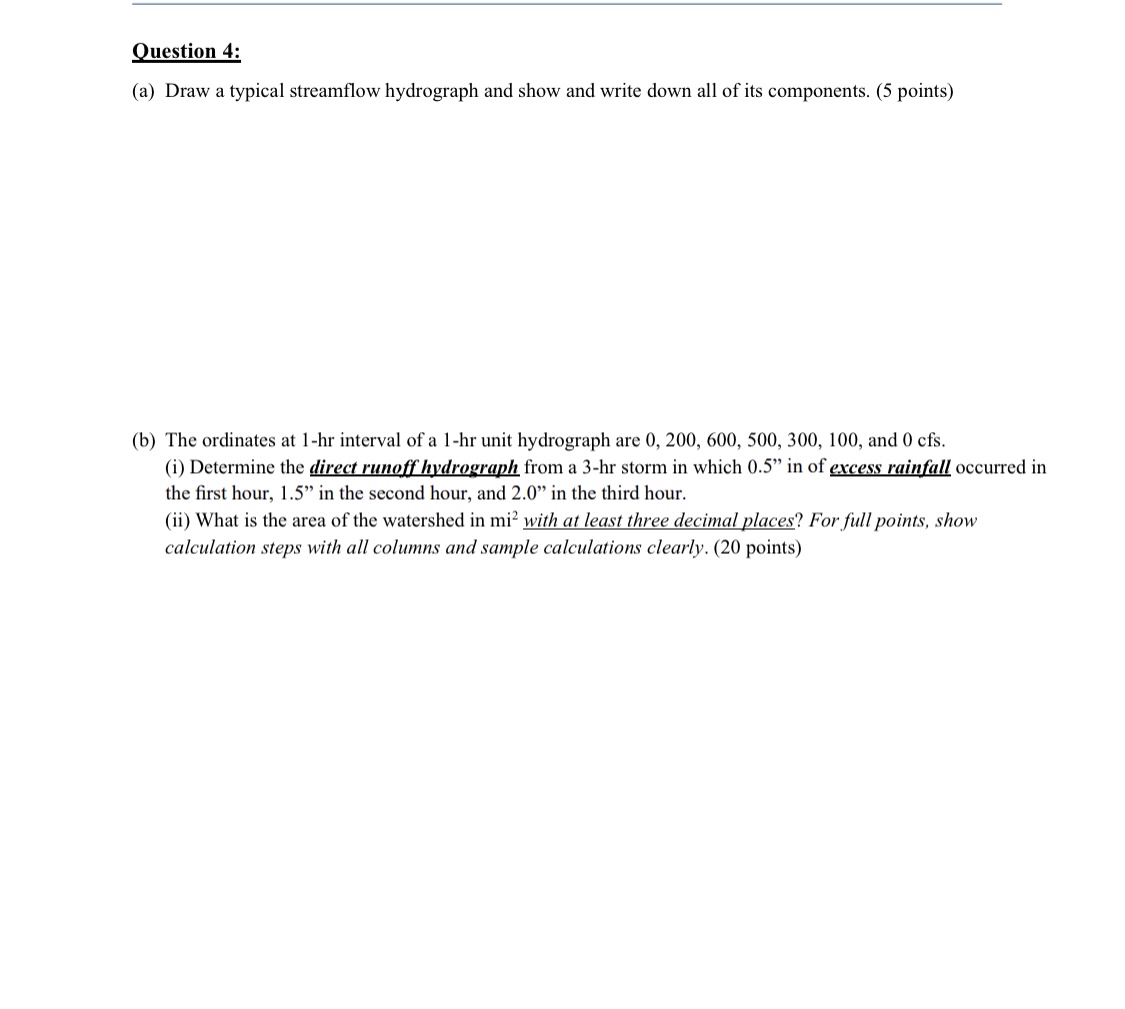 Solved Question 4:(a) ﻿Draw a typical streamflow hydrograph | Chegg.com