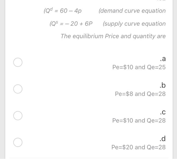 (Qd = 60 - 4p (demand curve equation (QS = -20 + 6P | Chegg.com