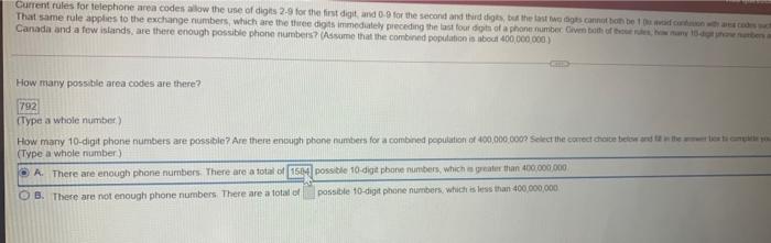 Solved Current rules for telephone area codes allow the use | Chegg.com