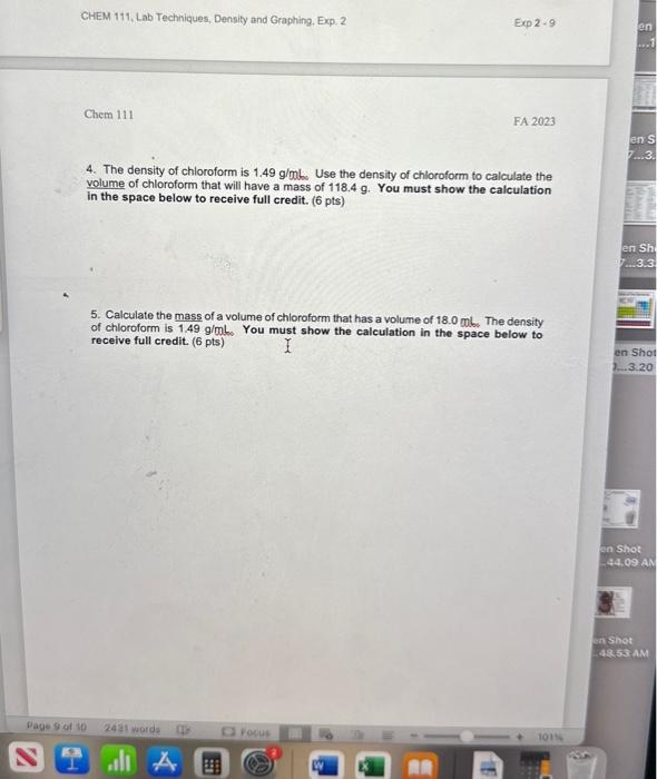 Solved CHEM 111, Lab Techniques, Density and Graphing. Exp. | Chegg.com