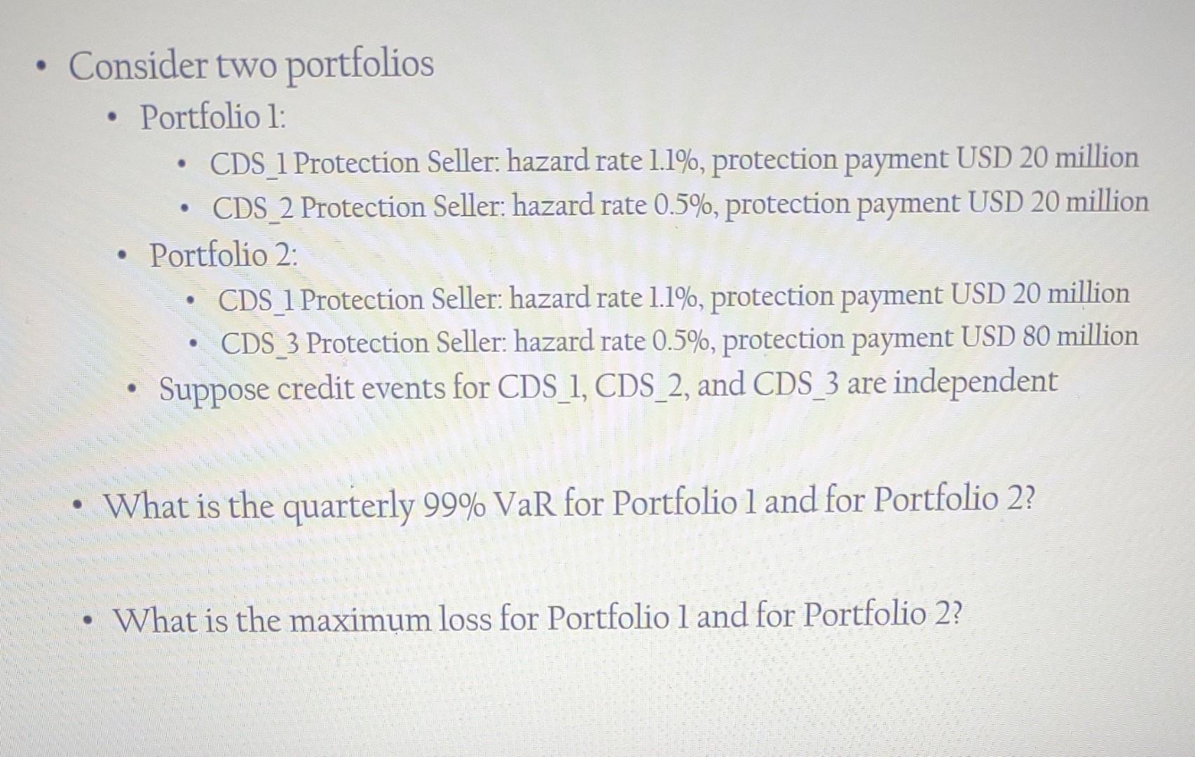 Solved Consider two portfolios - Portfolio I: - CDS_1 | Chegg.com
